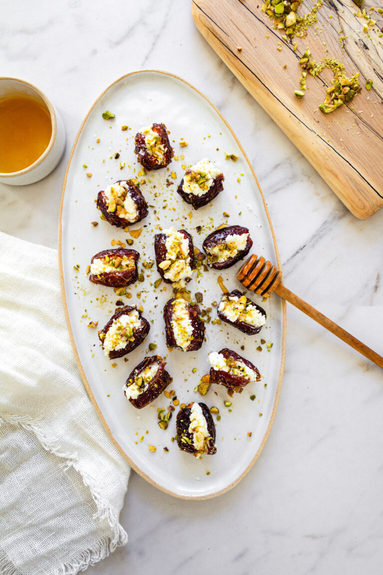 Goat Cheese Stuffed Dates With Hot Honey & Pistachios - A Cultivated Living